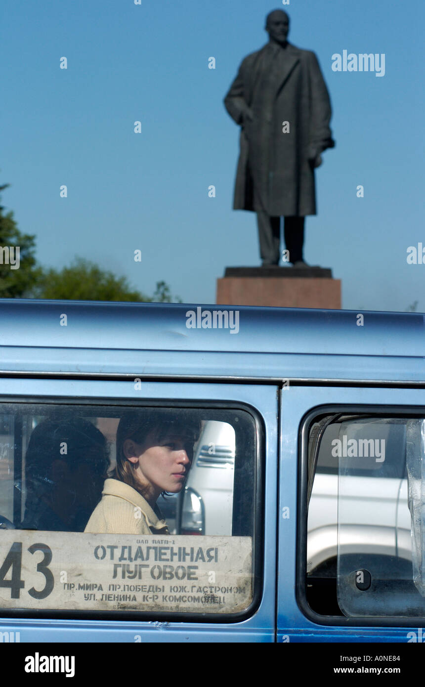 A statue of Lenin watches over traffic in Yuzhno Sakhalinsk on Sakhalin ...