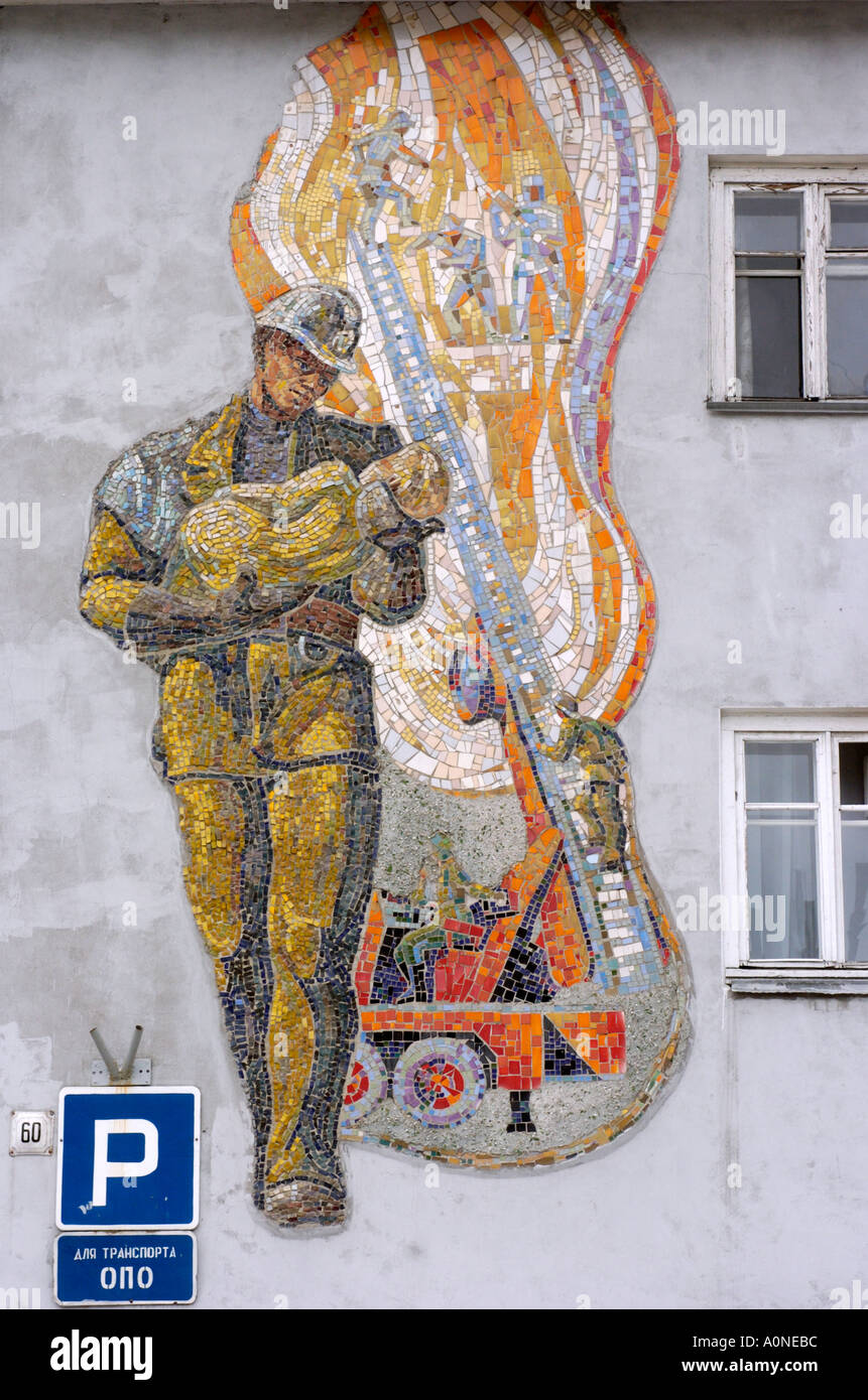 A Soviet era mural painted on the wall of a fire station in Yuzhno ...