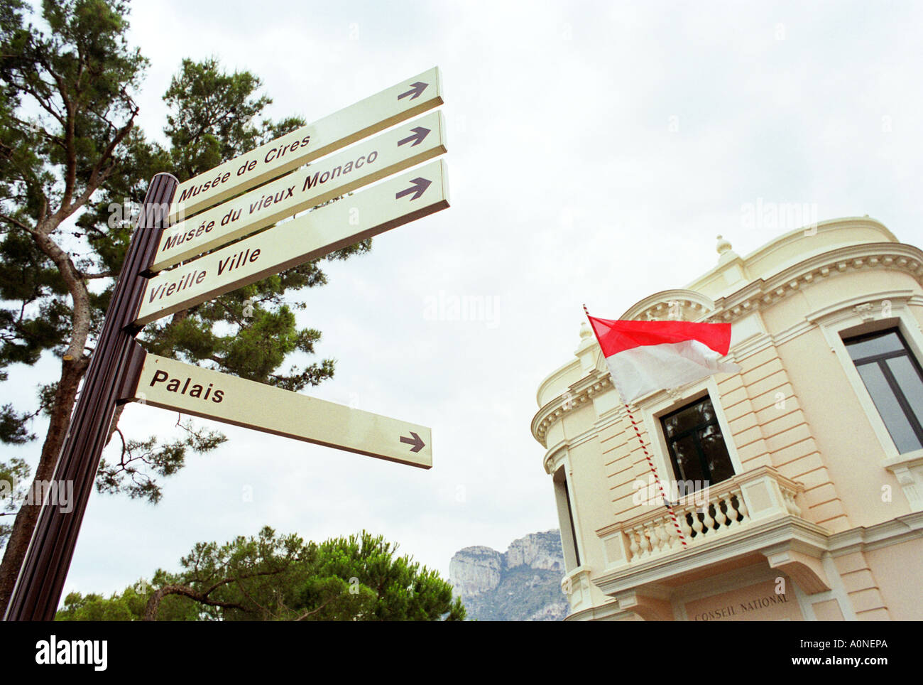 Signs showing the sights of Monaco Ville Monaco with National assembly ...