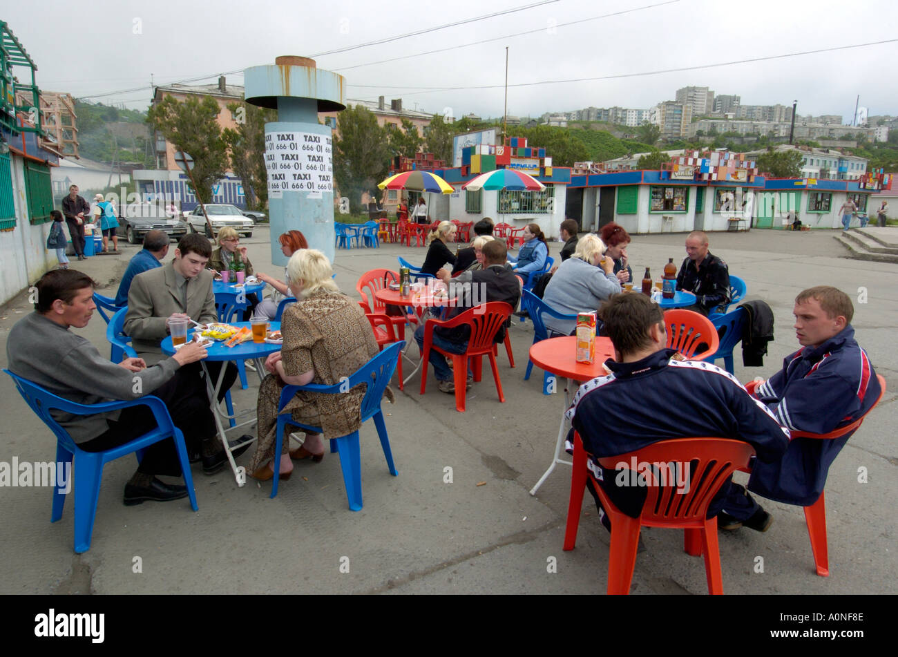 A small outdoor restaurant selling shashlik in Kholmsk Sakhalin Island ...