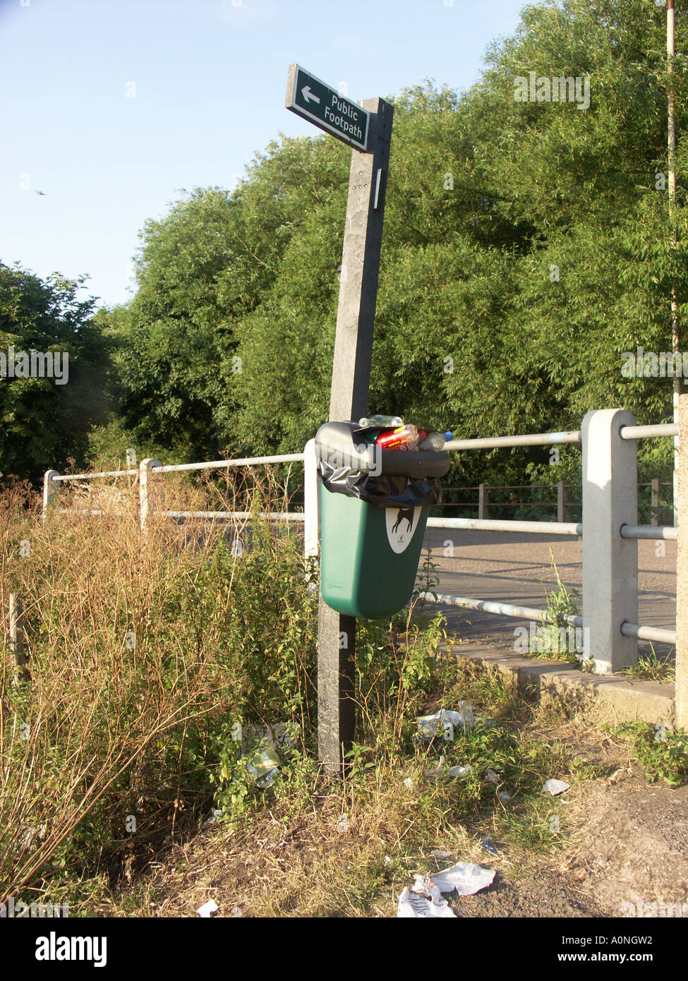 Full Litter Bin attached to a Public Footpath sign. Litter is scattered ...