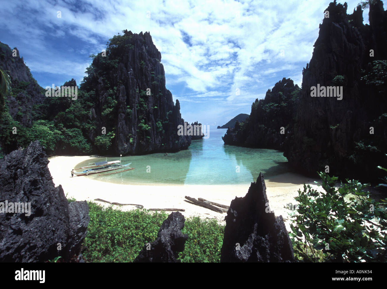 Philippines Palawan Razor sharp rock formations surround a secluded ...