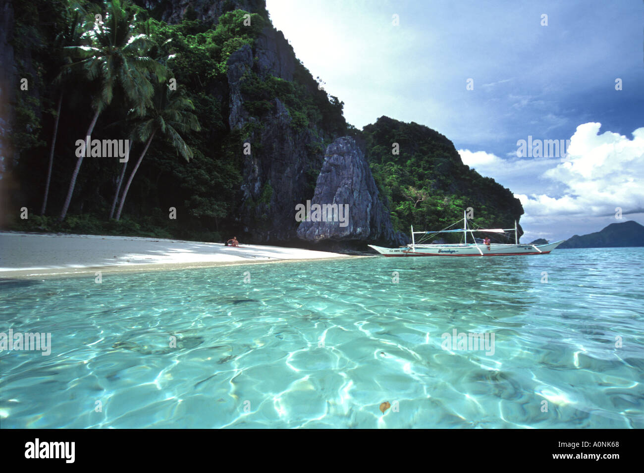 Philippines Palawan A bangka outrigger fishing boat moored in the ...