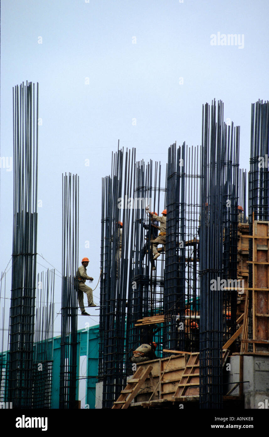Lima, Peru. Construction workers with orange hard hats working on the ...