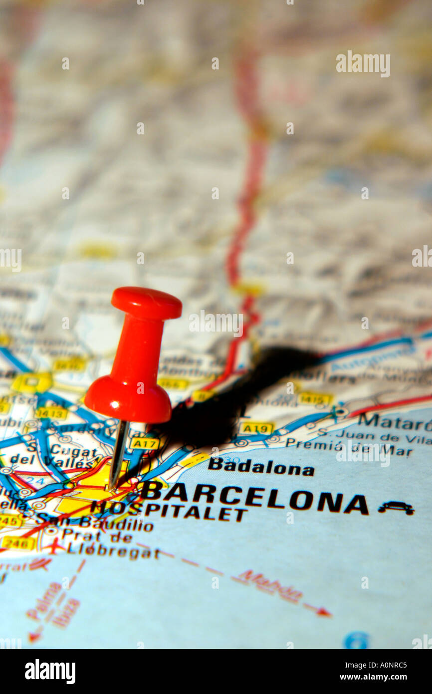 Map Pin pointing to Bacelona on a road map Stock Photo - Alamy