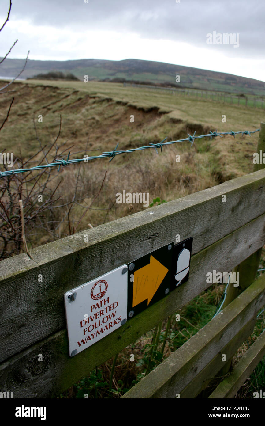 Landslip Diversion sign on cliff footpath near Robin Hoods Bay North ...