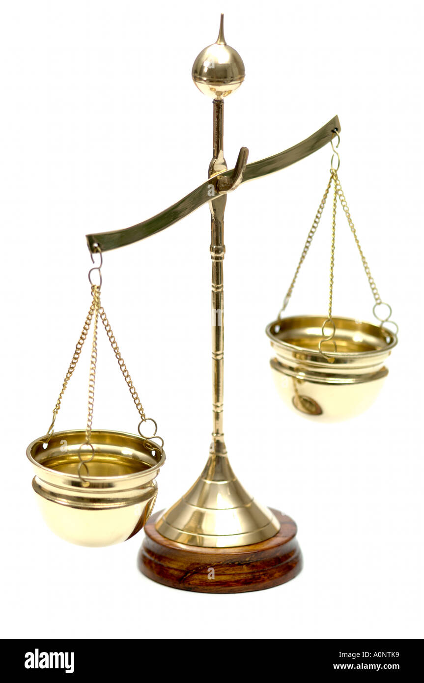 Brass weighing balance scales on white background Stock Photo - Alamy