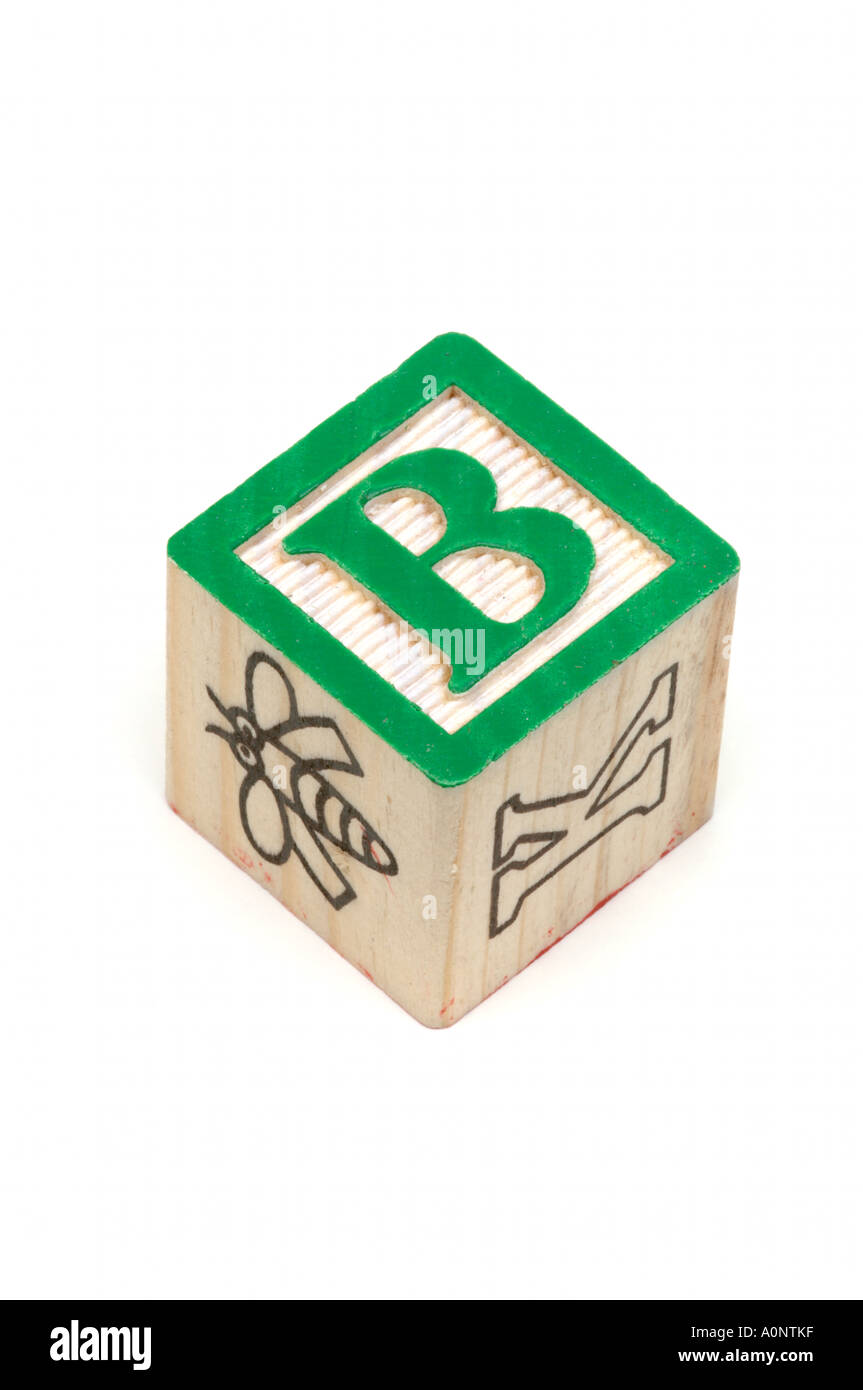 Children wooden learning block showing green alphabet B on white ...