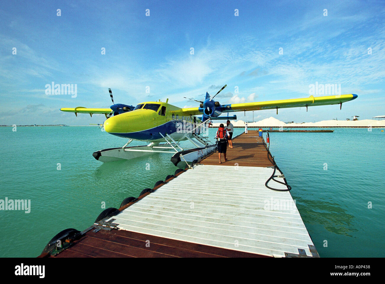 Seaplane on a pontoon in The Maldives Stock Photo - Alamy