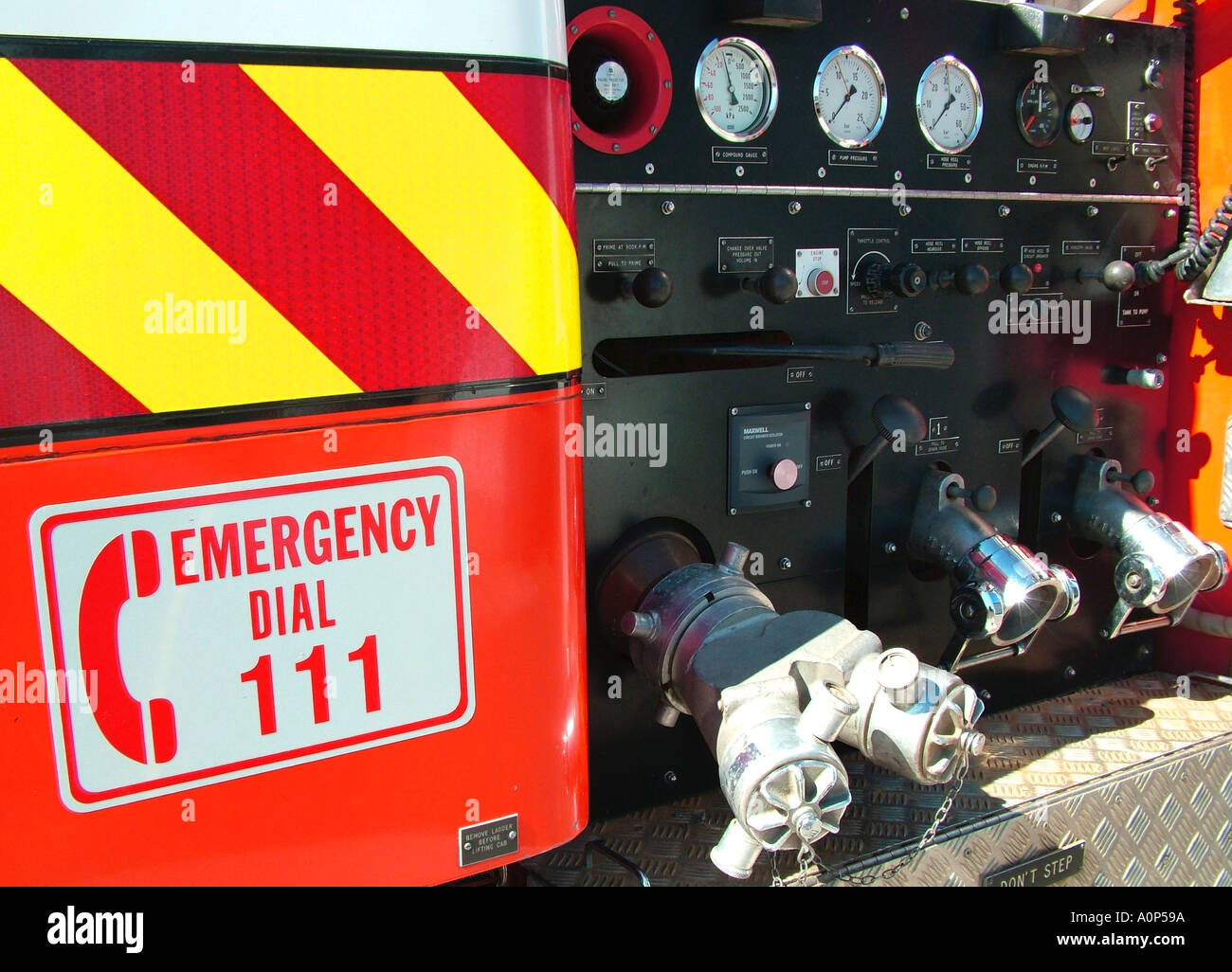 Fire engine pump controls New Zealand fire engine Stock Photo - Alamy