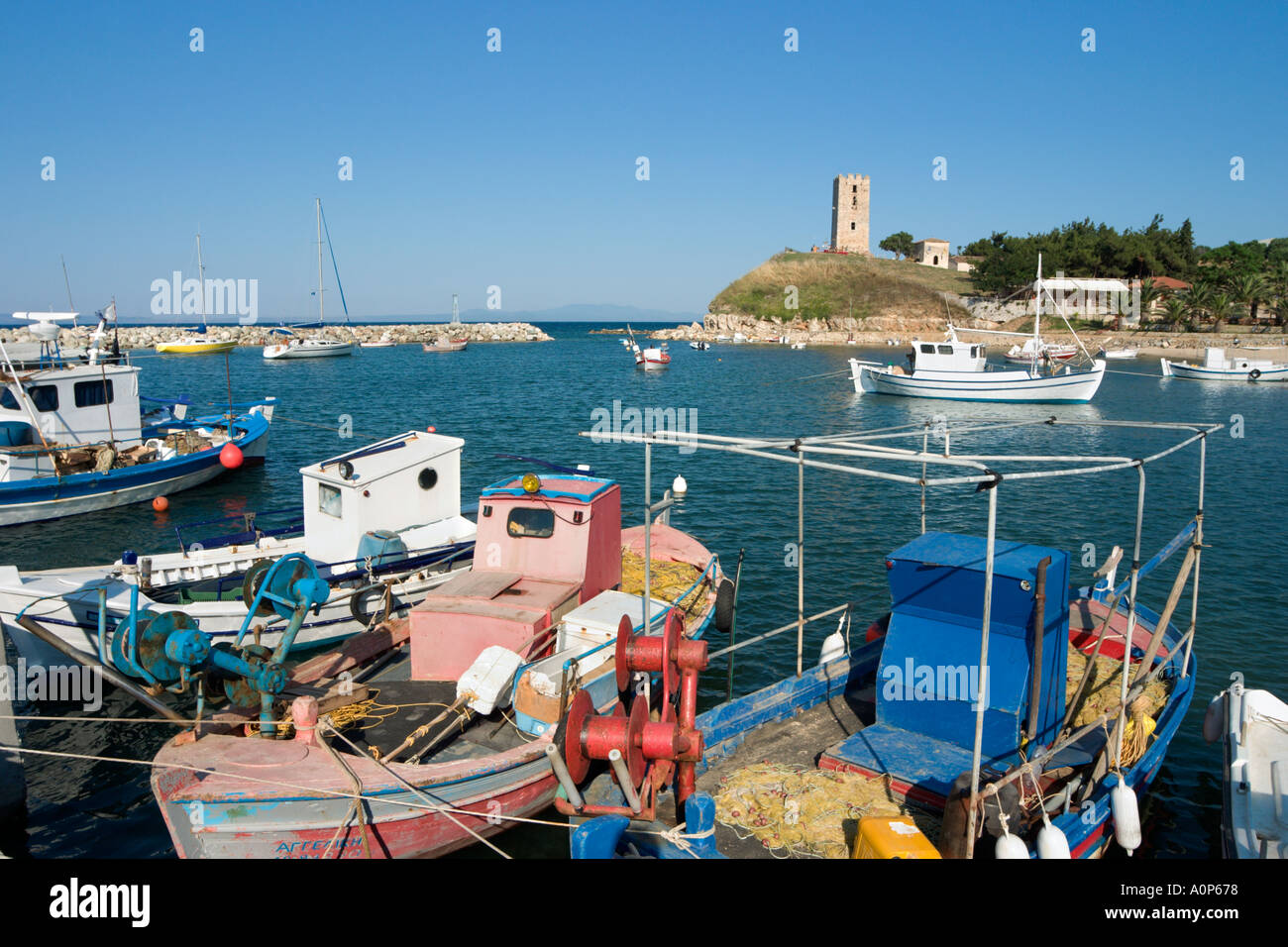 Harbour and Byzantine Watchtower in the early evening, Nea Fokia ...