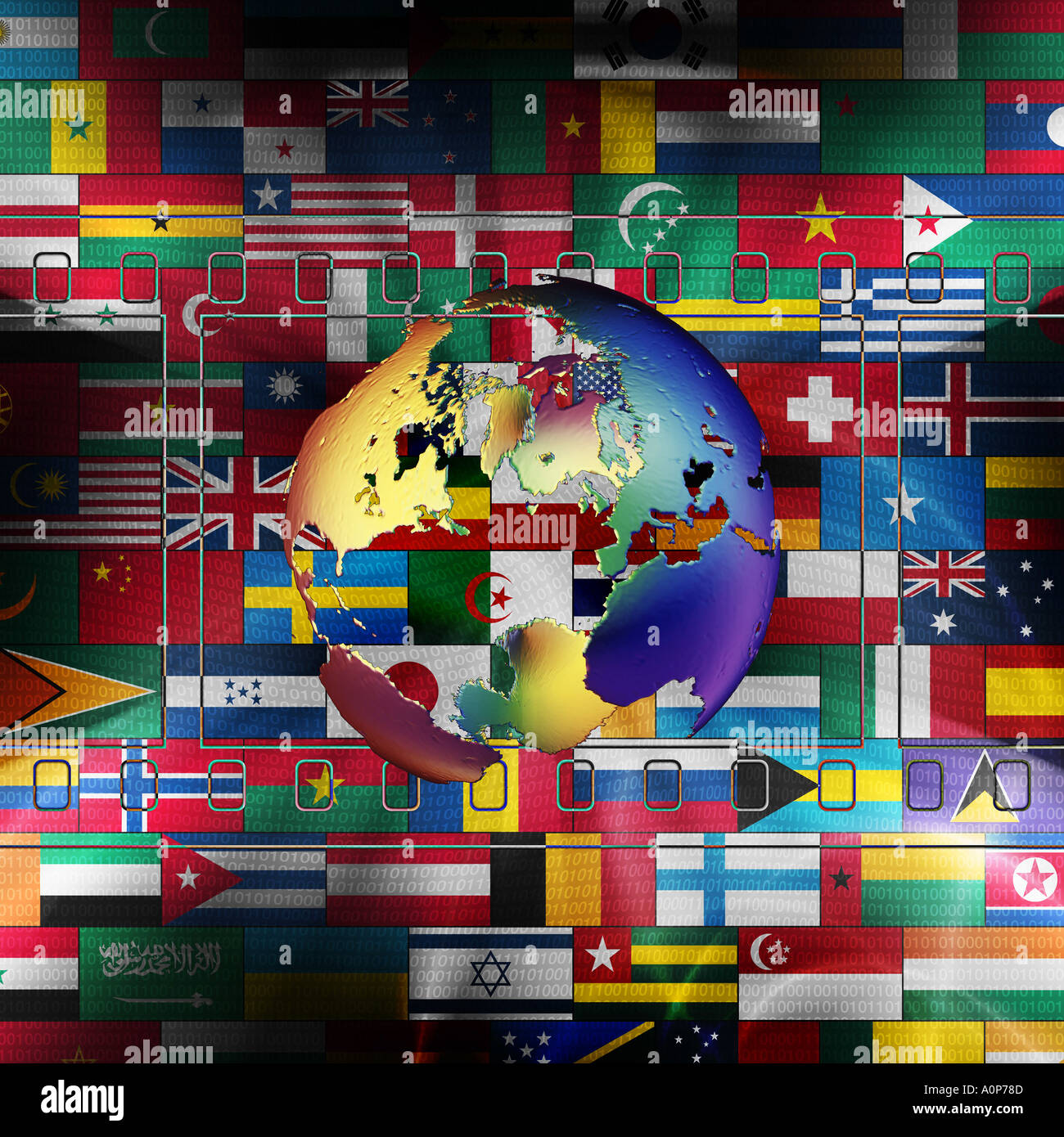 Colorful metal like globe against busy flag composition Stock Photo - Alamy