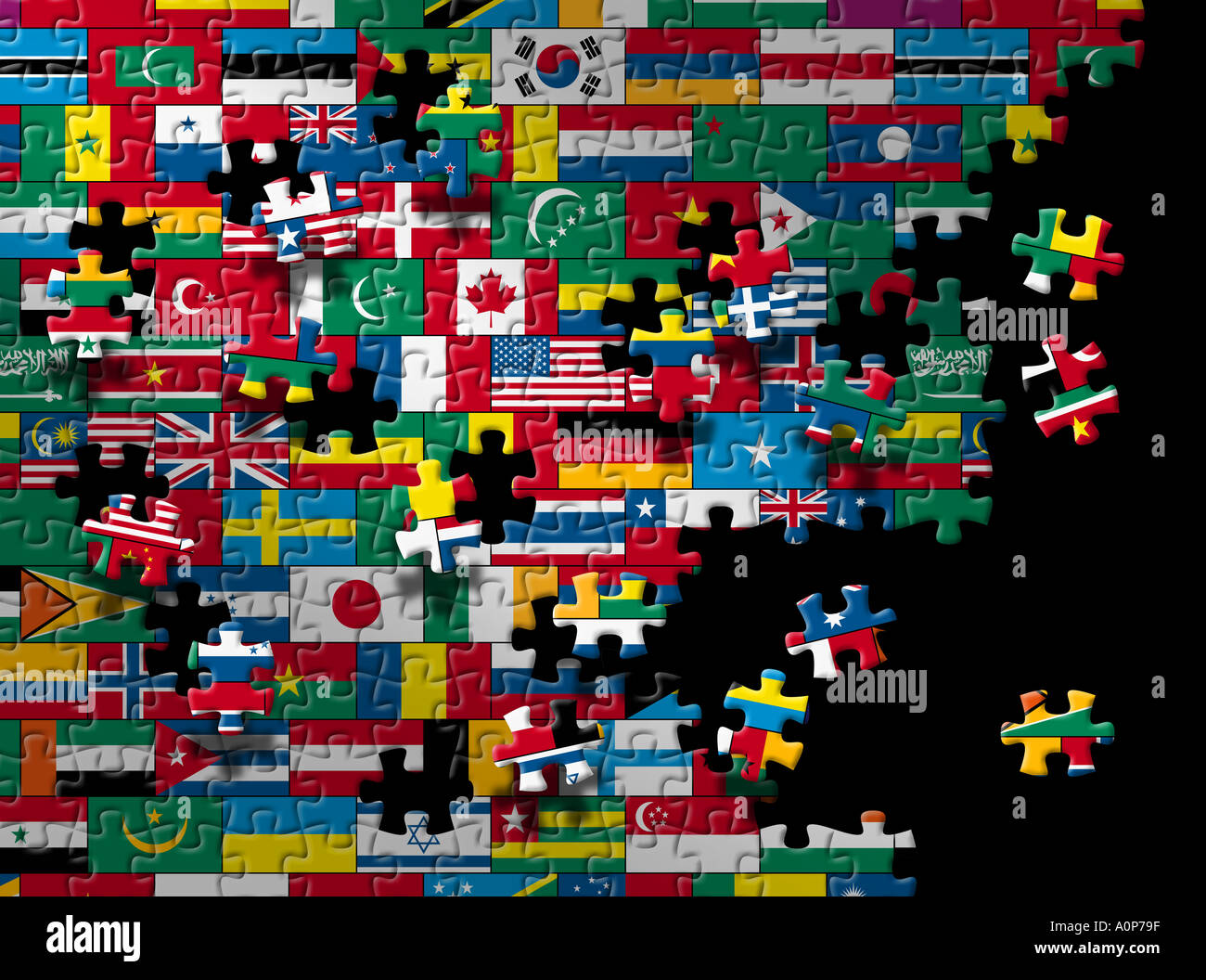 Shaft of light illuminating jig saw puzzle of flags of the world Stock ...