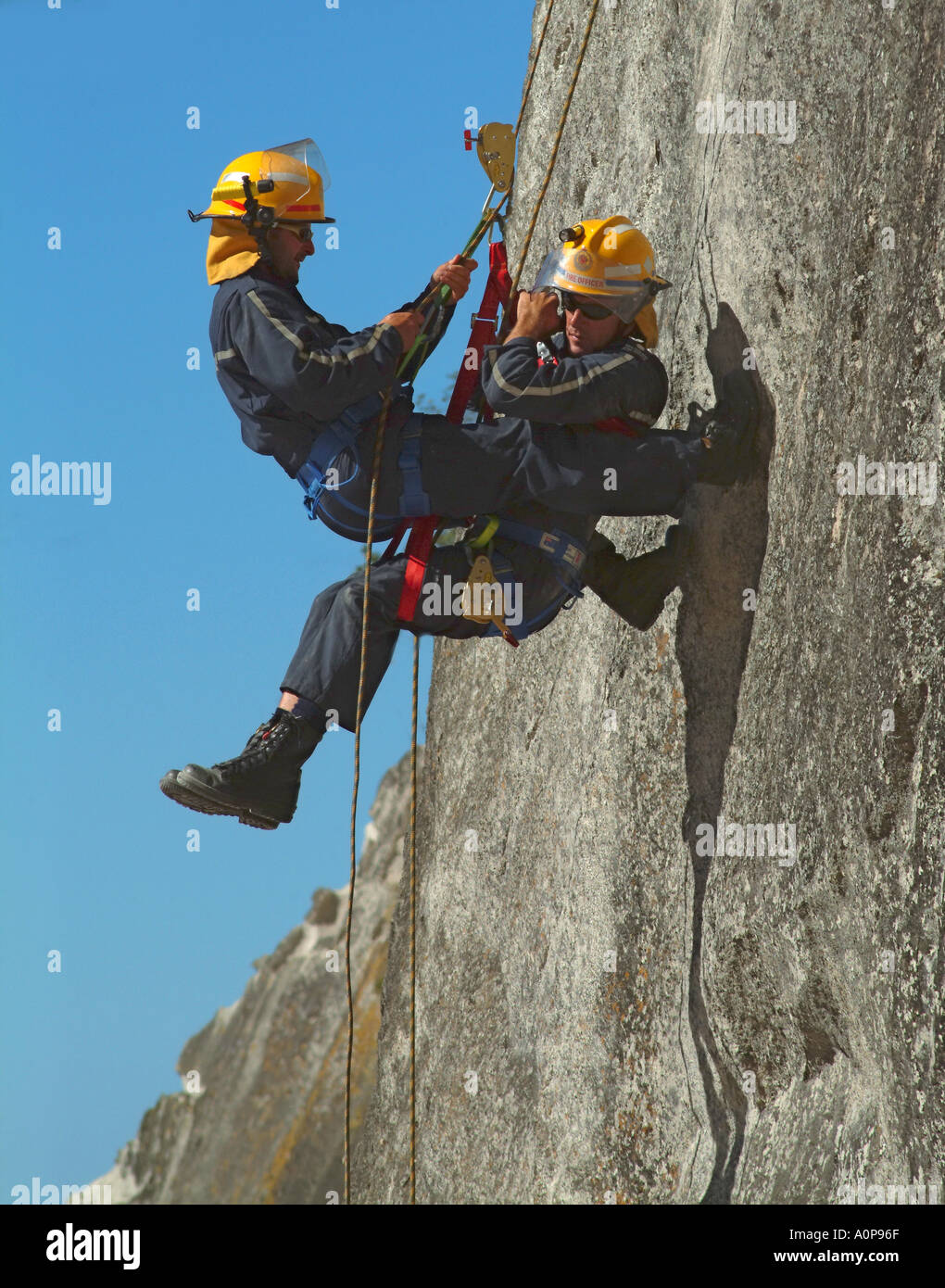 New Zealand Fire Department officers abseiling down a rock face ...