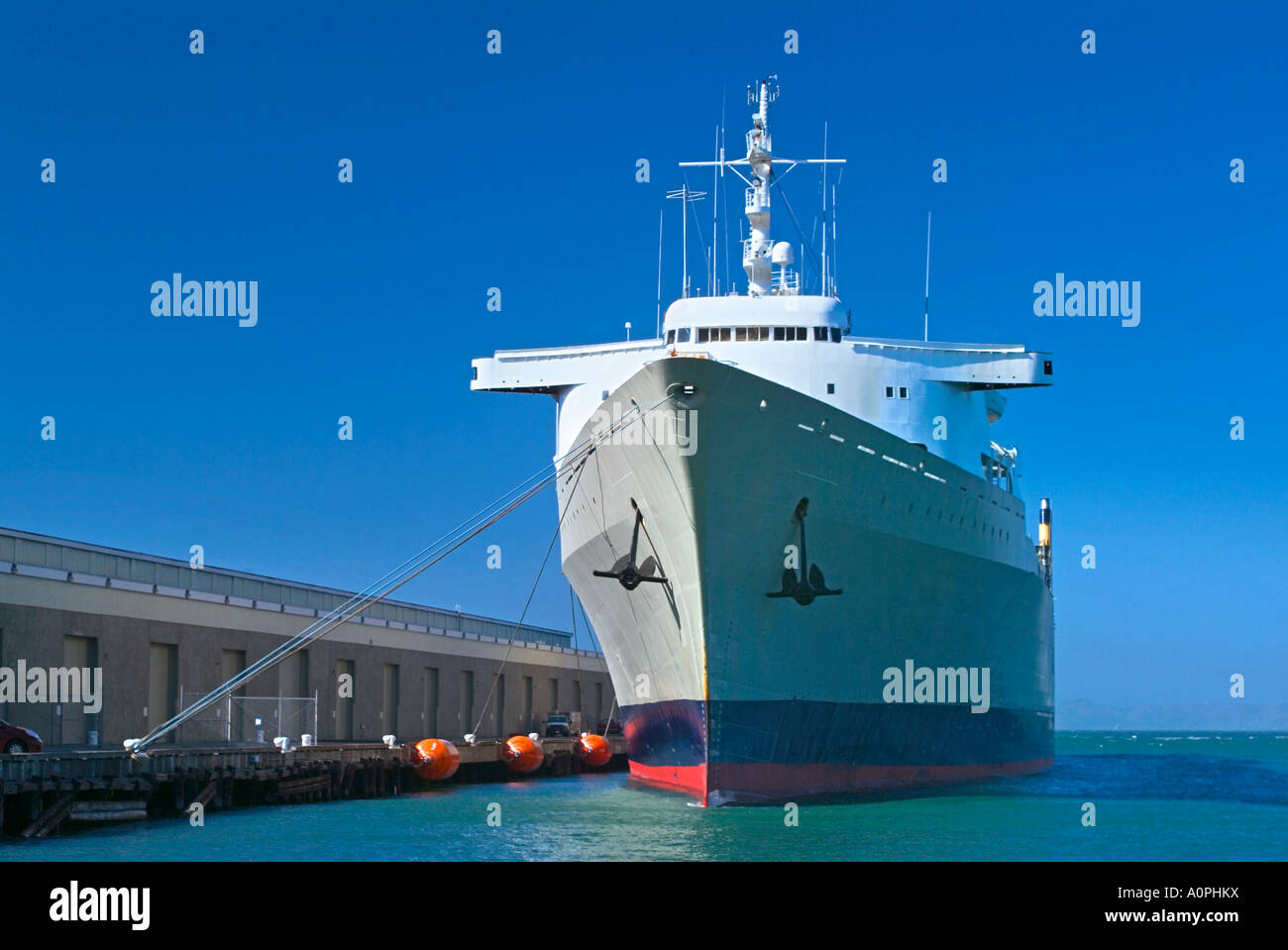 Large ocean going high tec modern luxury boat moored in San Francisco ...