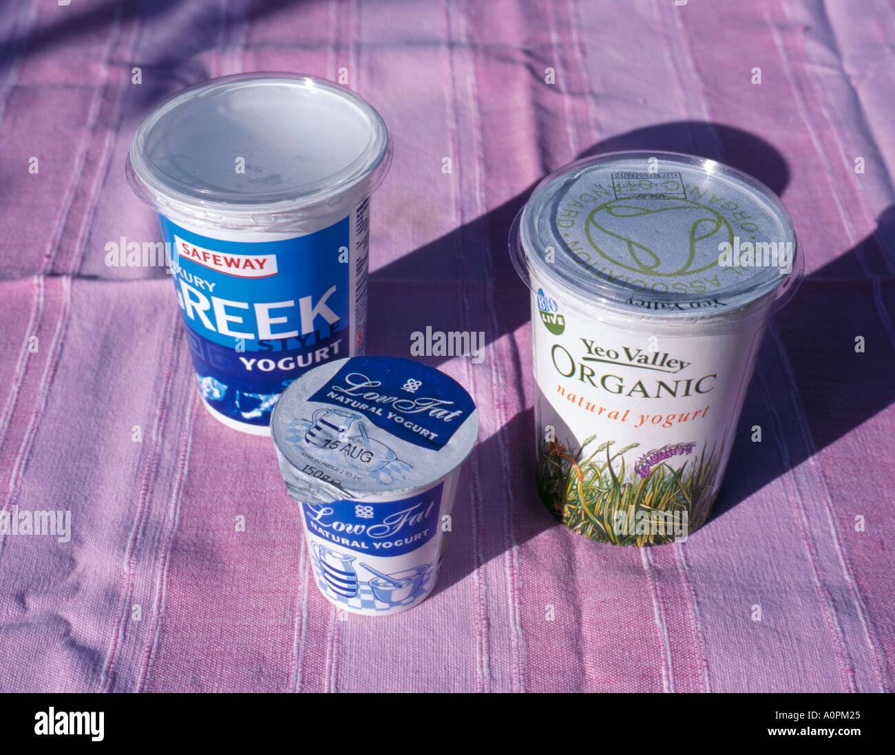 Selection of different types of yoghurt; Greek, "low fat" and organic ...
