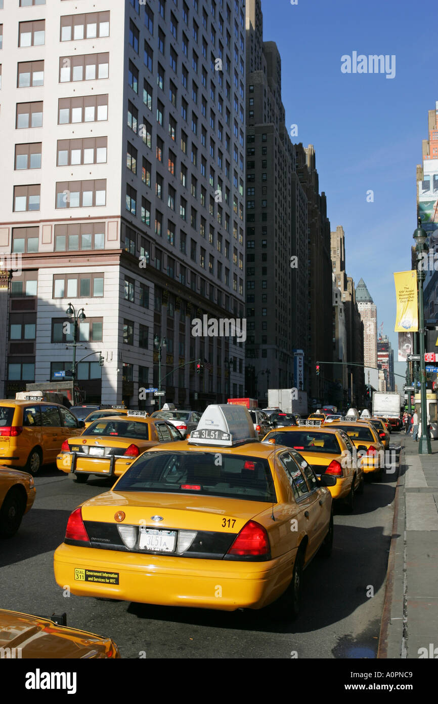 Typical New York City yellow taxi cabs line up for passenger fares ...