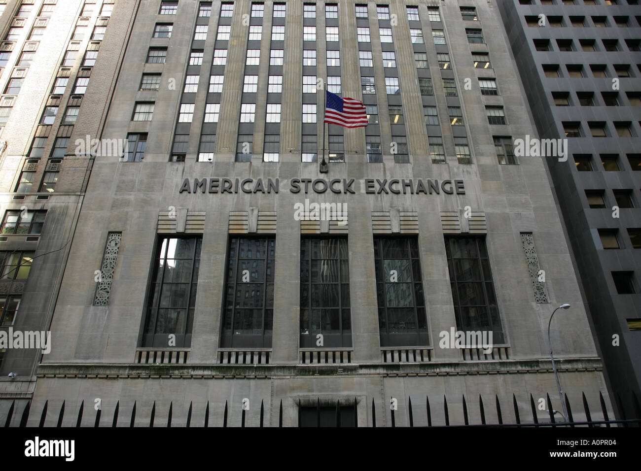 Closeup of the American Stock Exchange building flying the stars and ...
