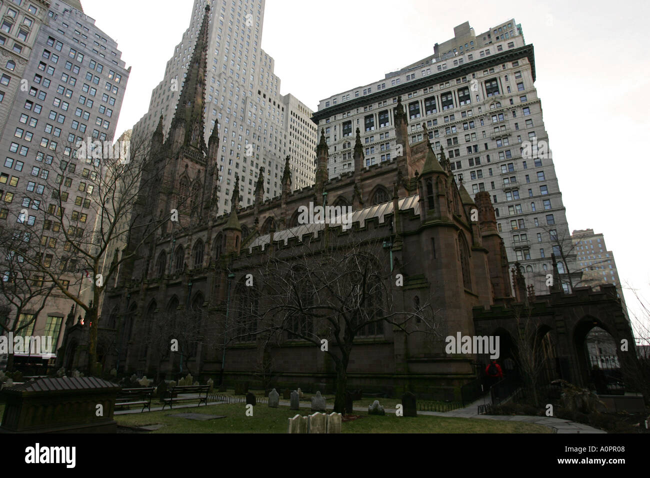 Old Trinity Church on 5th Avenue Broadway surrounded by modern business ...