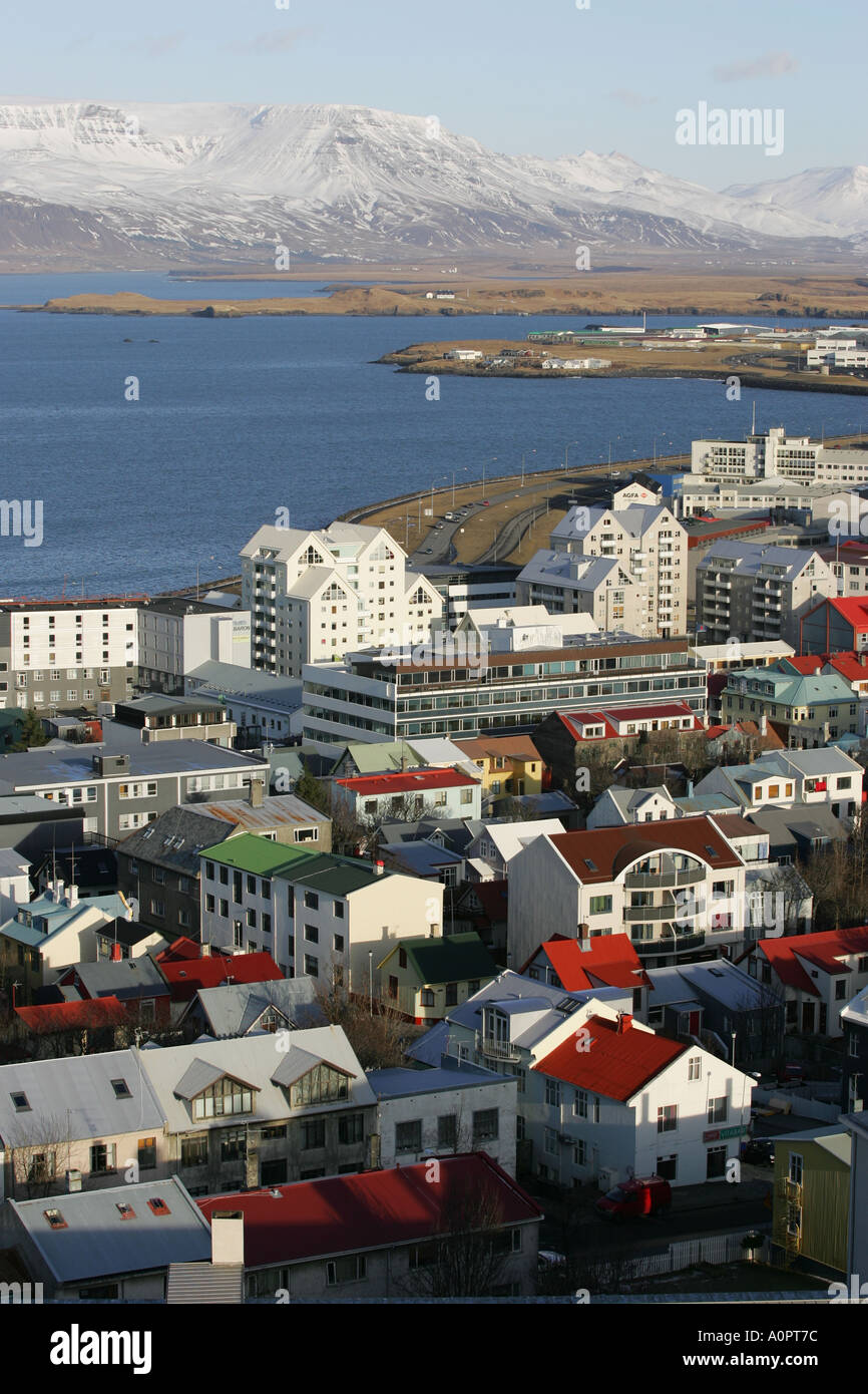 Aerial view of Reykjavik the capital city of beautiful Iceland with ...