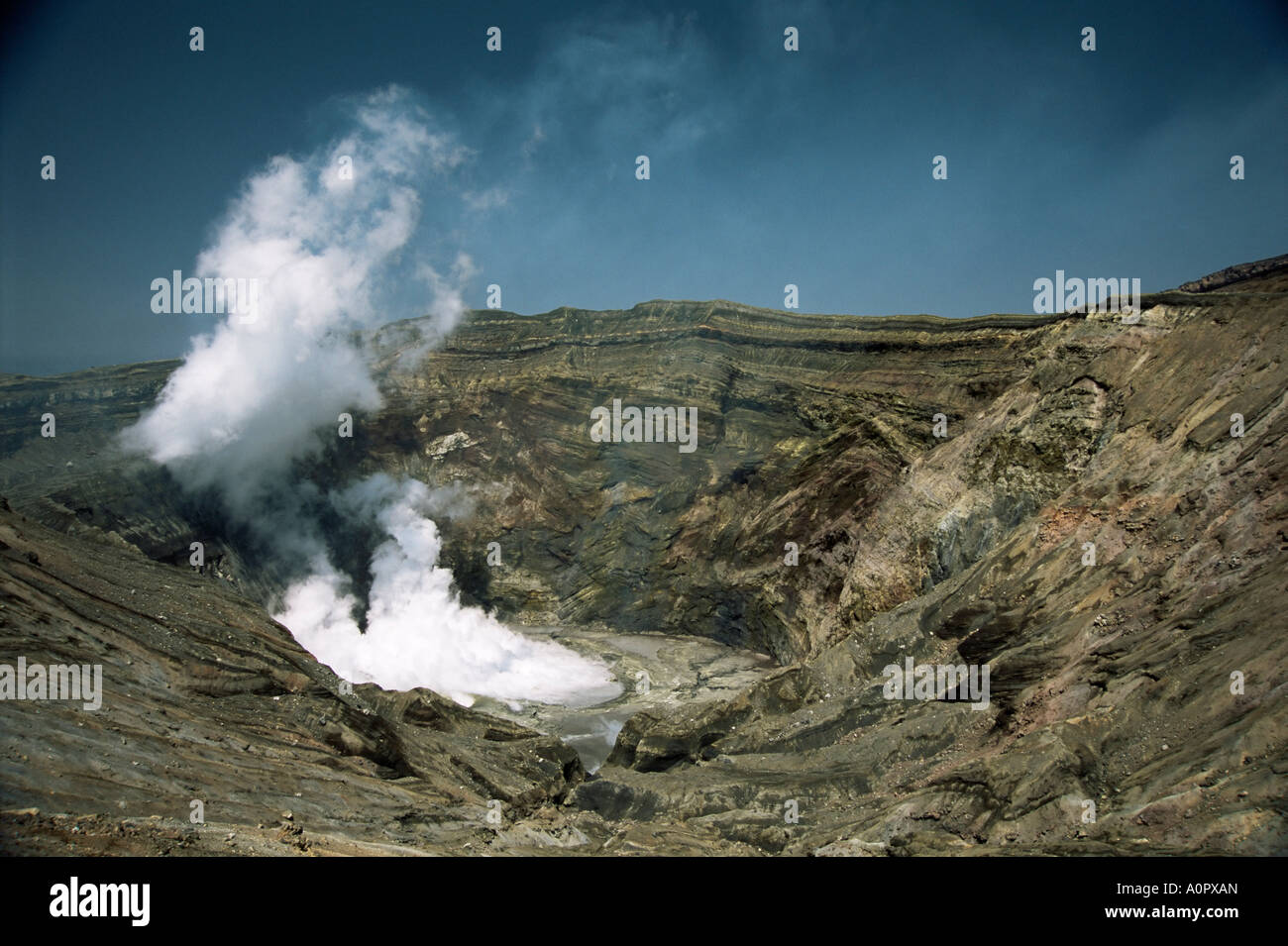 Steam plume off boiling acid lake Naka dake active crater Aso volcano ...