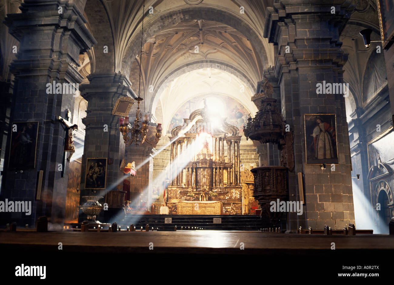 Interior of the cathedral begun in 1560 on the site of the Inca palace ...