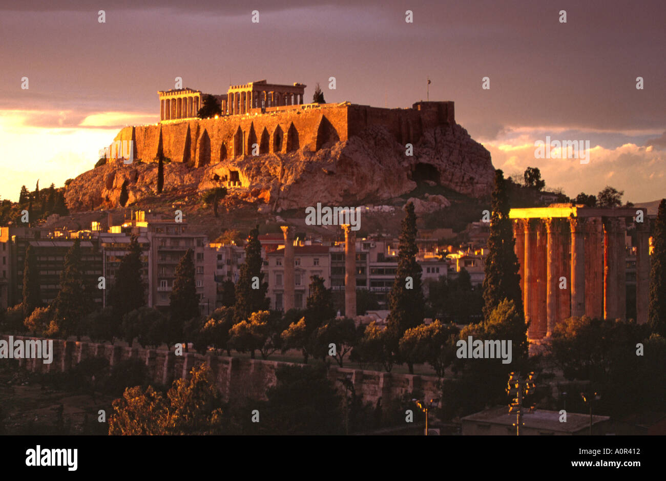 Acropolis Parthenon and Temple of Zeus in Athens Greece at sunset Stock ...