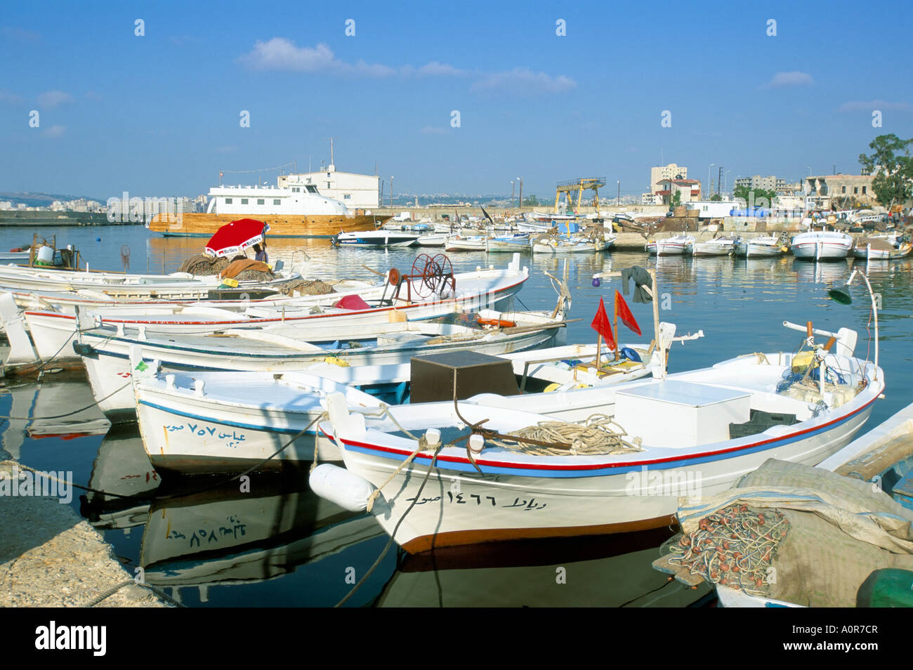 Fishing boats in the fishing harbour Tyre Sour Lebanon Middle East ...