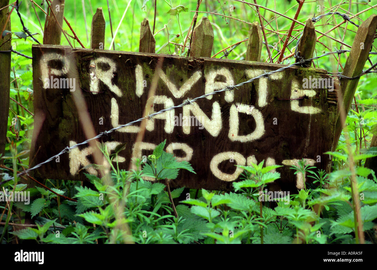 Homemade sign amongst barbed wire and nettles Stock Photo - Alamy