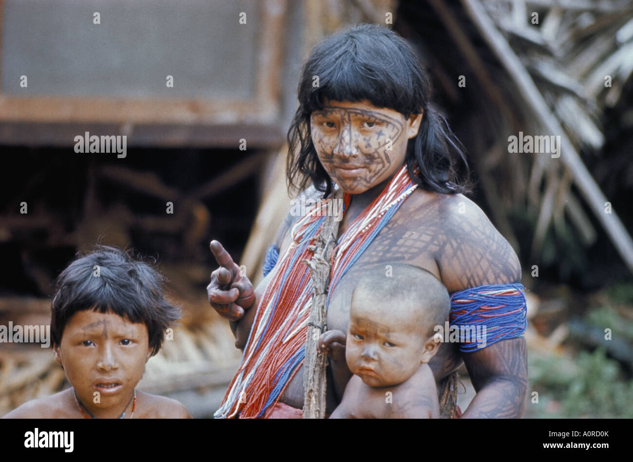 Heavily painted Tirio Indian woman wearing beads with children Brazil ...