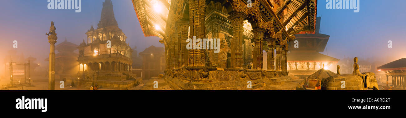 The Bishwanath Mandir and to the left the Krishna Mandir in dawn mist ...