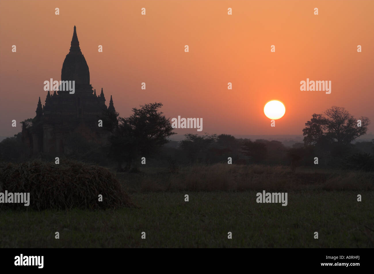 Temple at sunrise Bagan Pagan archaeological zone Myanmar Burma Asia ...