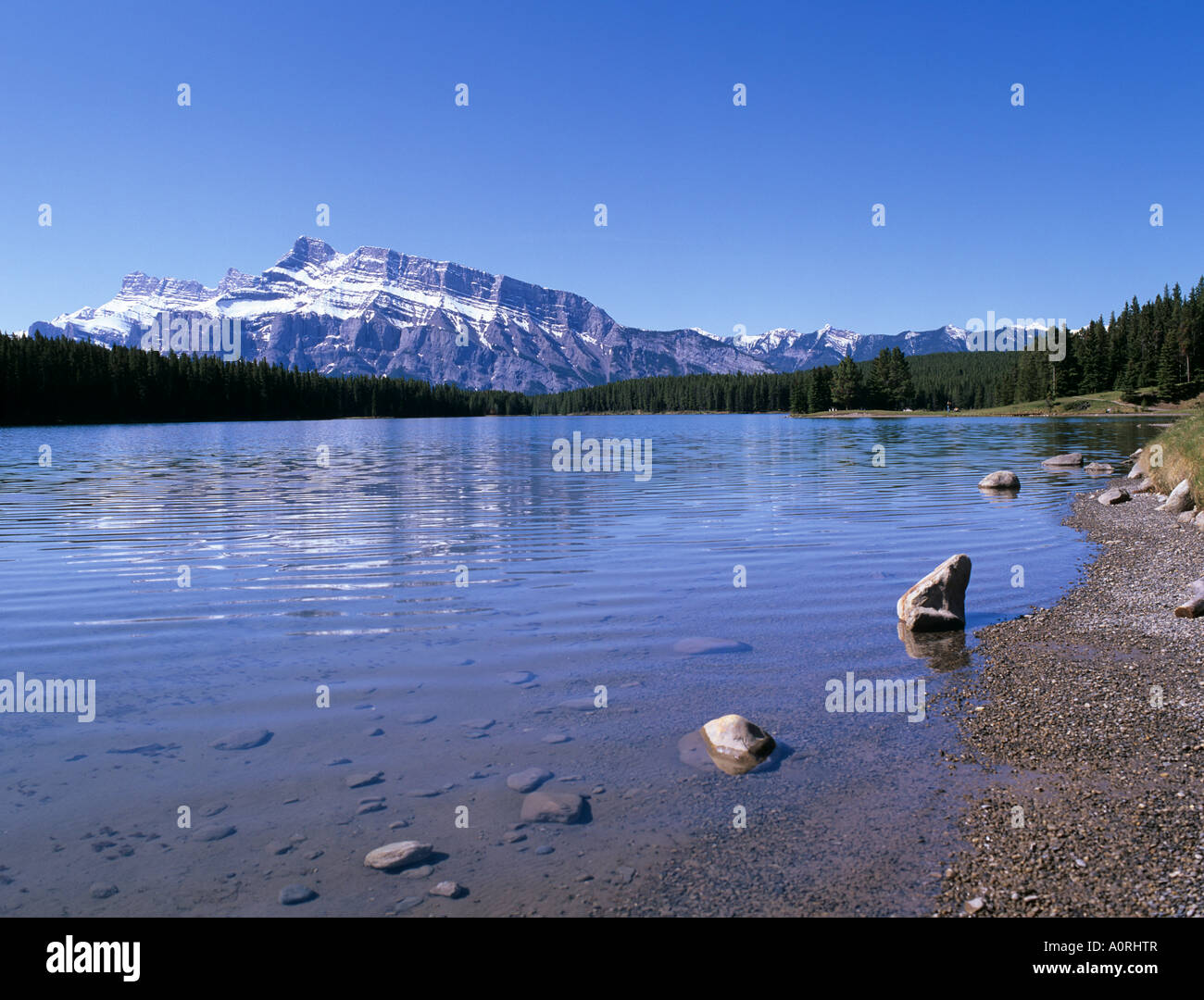 Two Jack Lake with Mount Rundle beyond Banff National Park UNESCO World ...