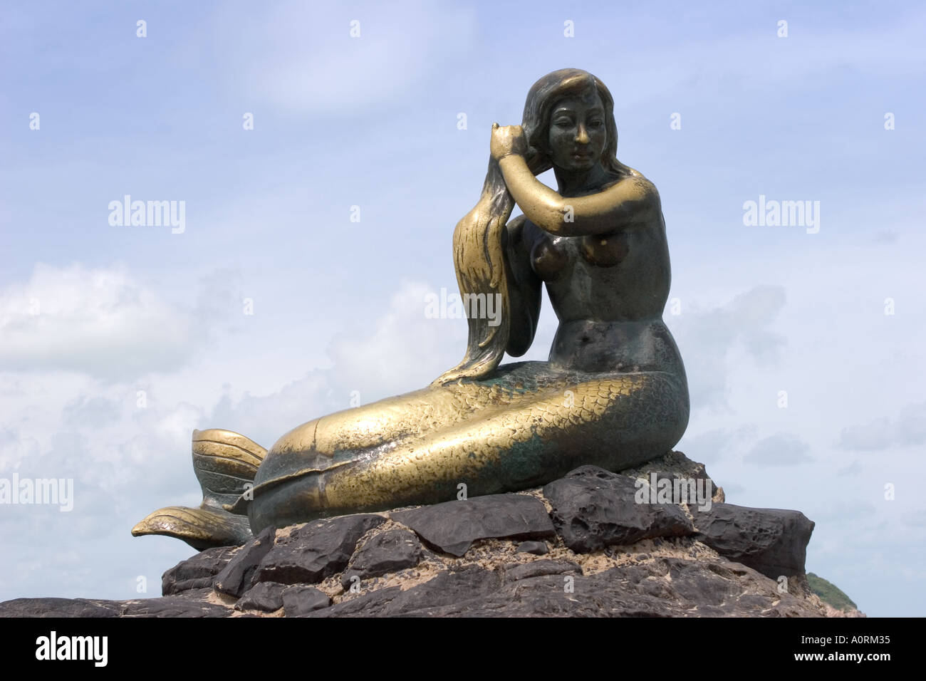 Golden Mermaid Statue At Samila Beach High Resolution Stock Photography ...
