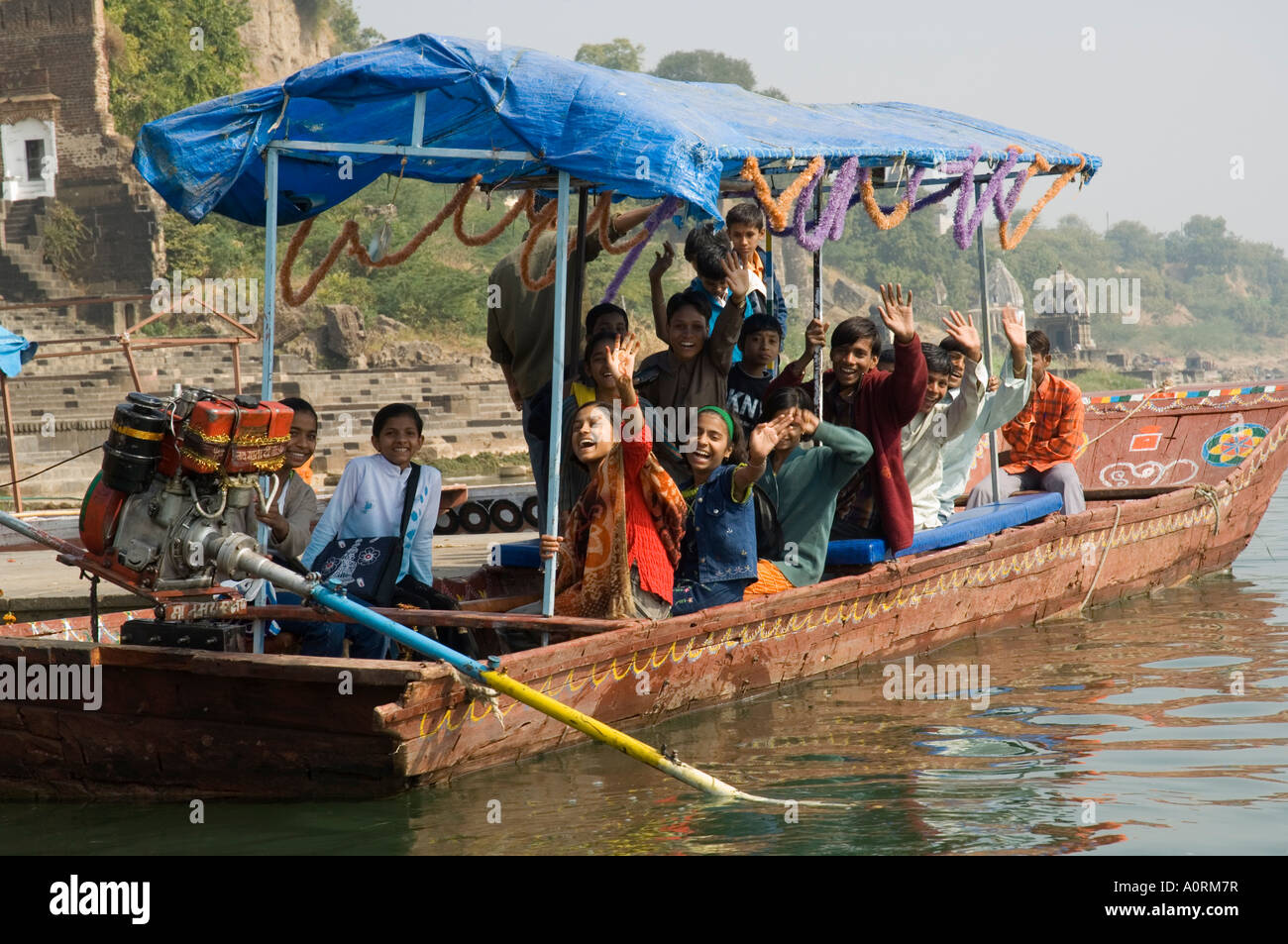 Local river taxi on the Narmada River Maheshwar Madhya Pradesh state ...