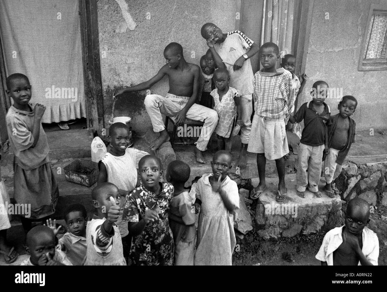 Portrait group indigenous orphan school boy girl pose stand outdoor ...