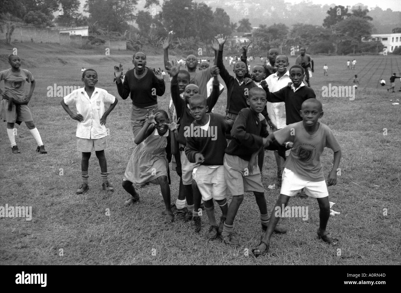 Portrait group boy girl pose play outdoor poor look watch smile happy ...