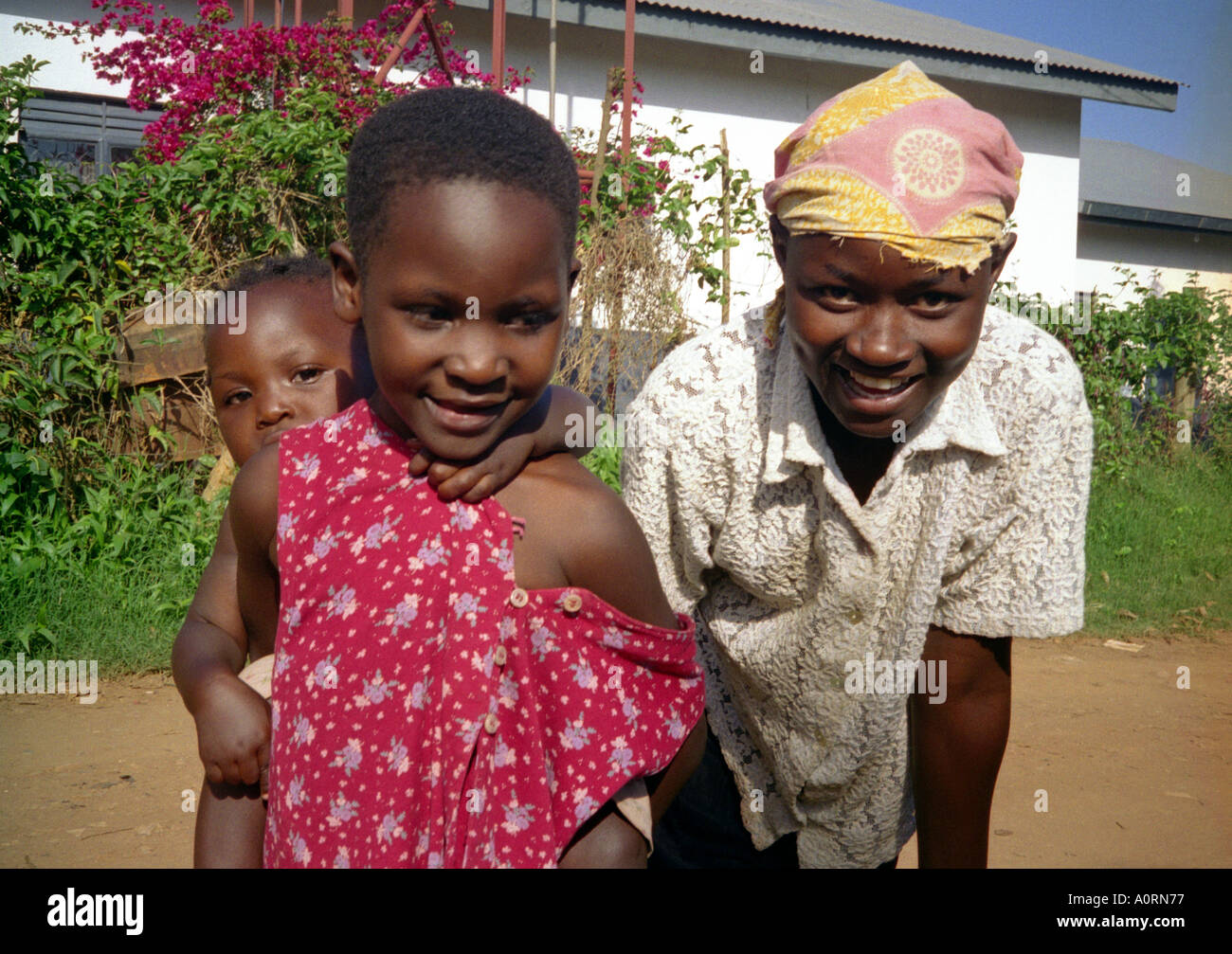 Portrait group boy girl pose play outdoor poor look watch smile happy ...