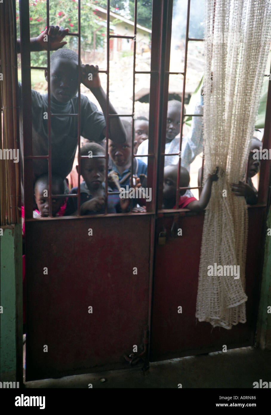 Portrait group children boy shanty town look watch inside church ...