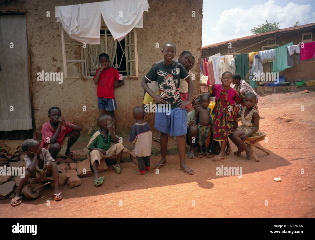 Portrait group boy girl pose play outdoor poor look watch smile happy ...