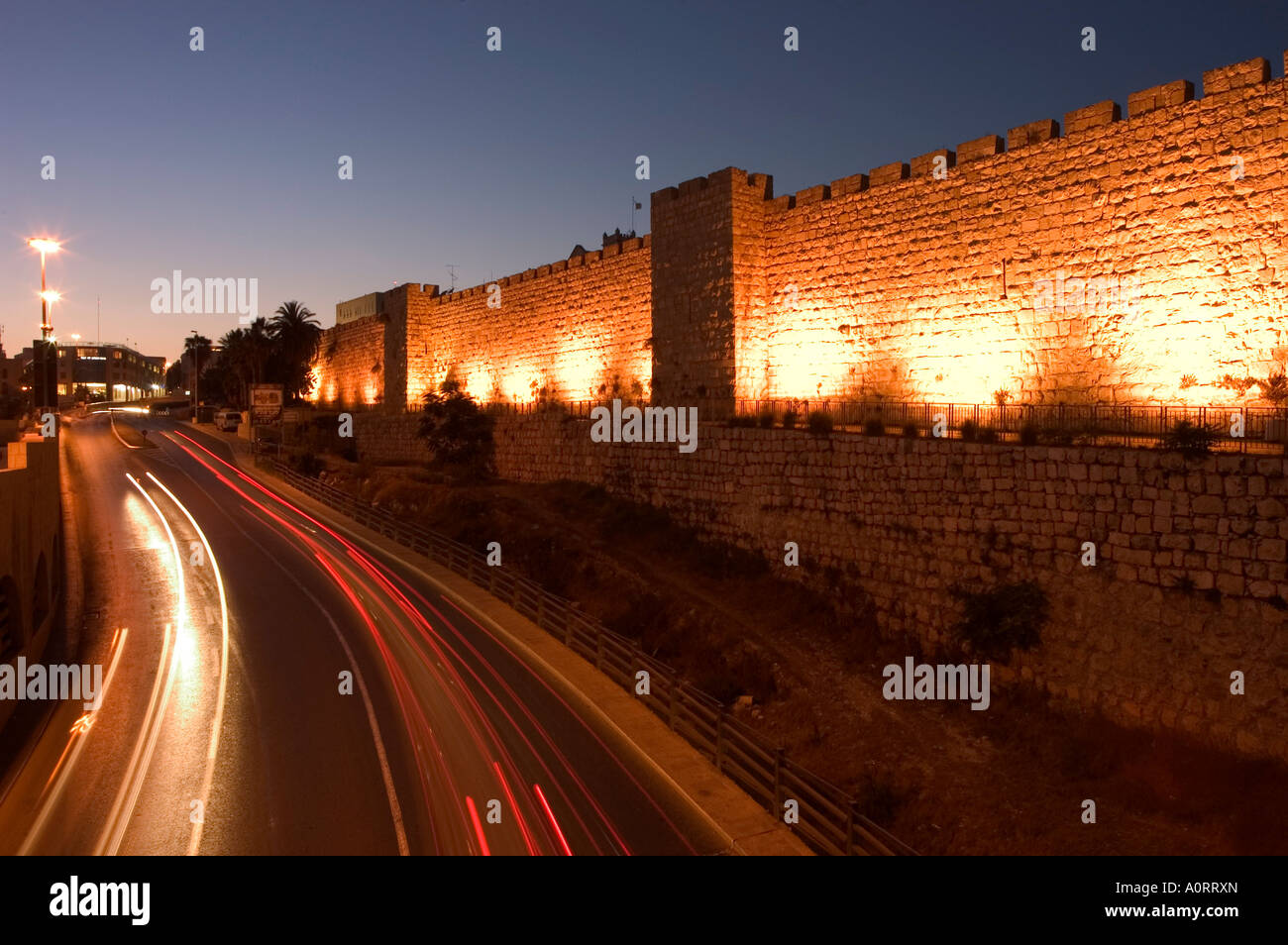 Night time lights of traffic Jaffa Gate Old Walled City Jerusalem ...