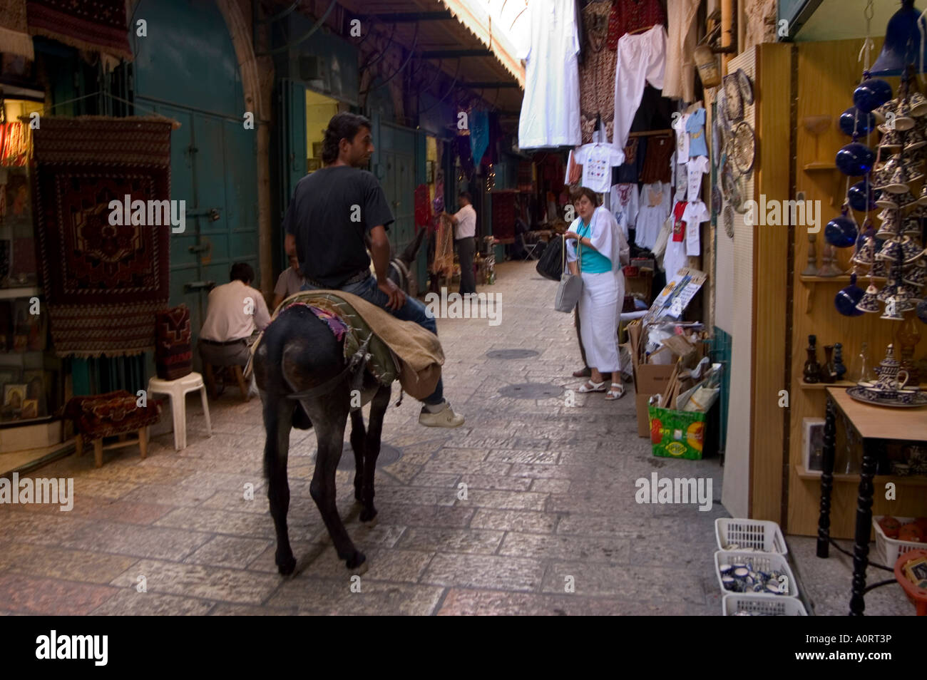 Donkey in David Street tourist market Old Walled City Jerusalem Israel ...