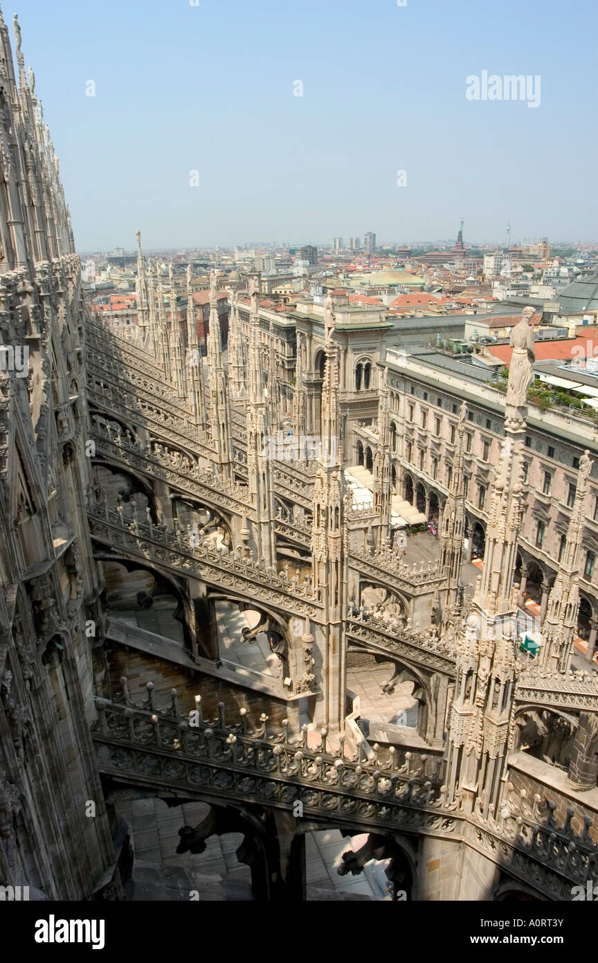 Rooftop spires of Duomo Cathedral and city Milan Lombardy Italy Europe ...