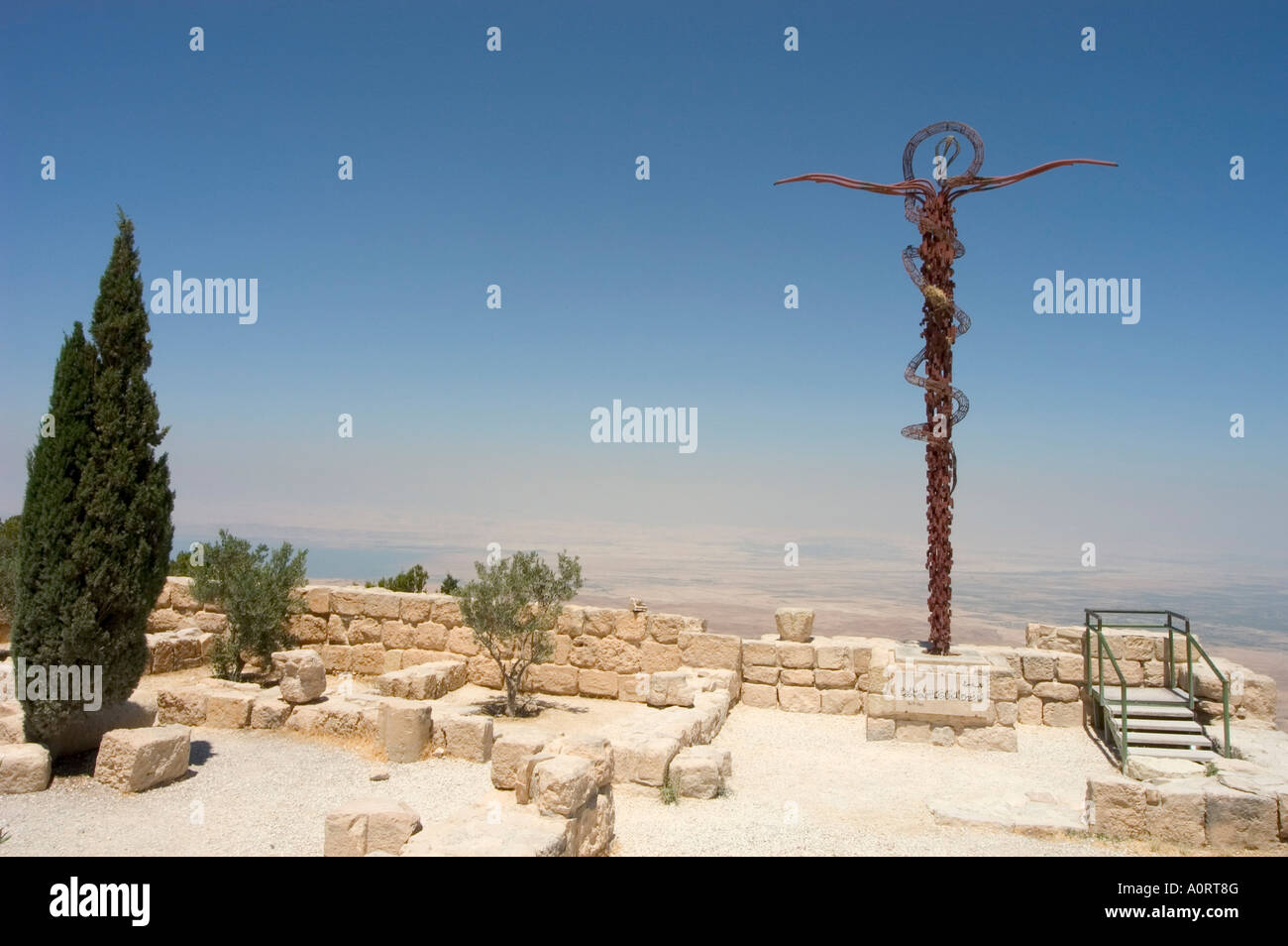 Memorial cross and church ruins Moses Memorial Church Mount Nebo East ...