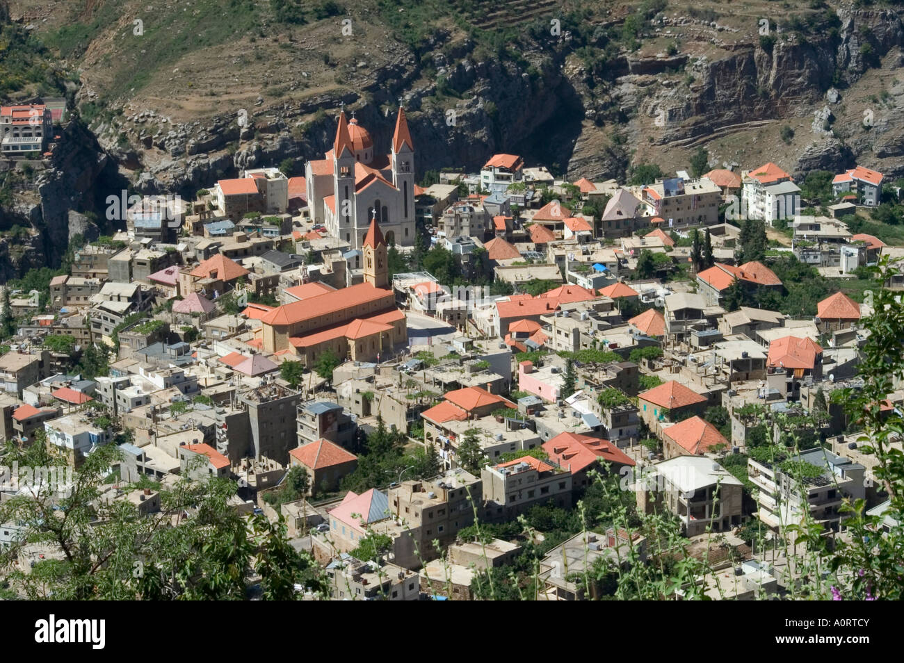 St Saba Church and red tile roofed town Bcharre Qadisha Valley UNESCO ...