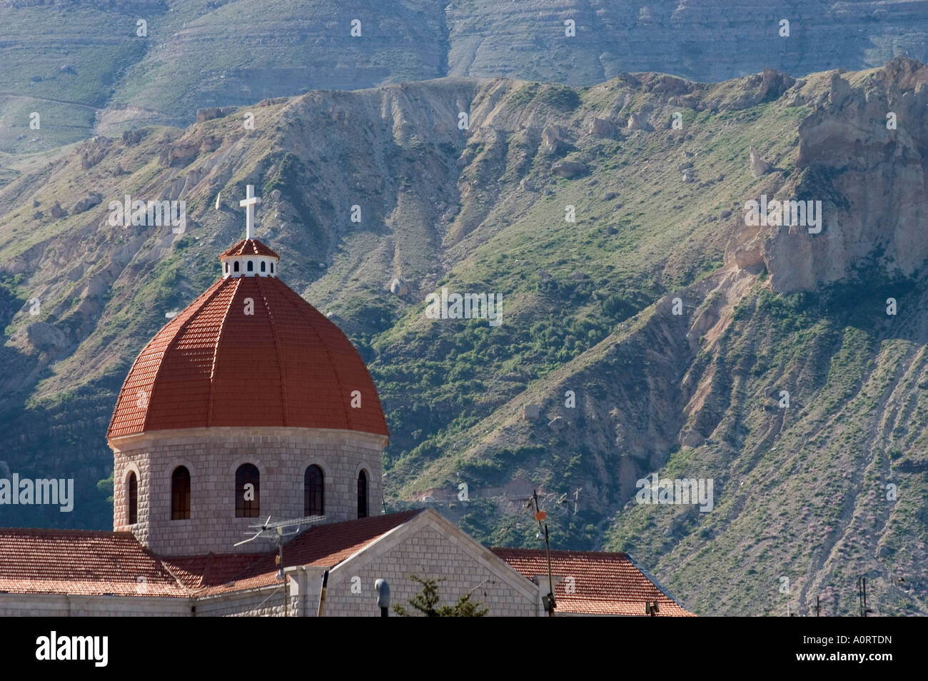 St Saba Church red tile roofed town Bcharre Qadisha Valley North ...