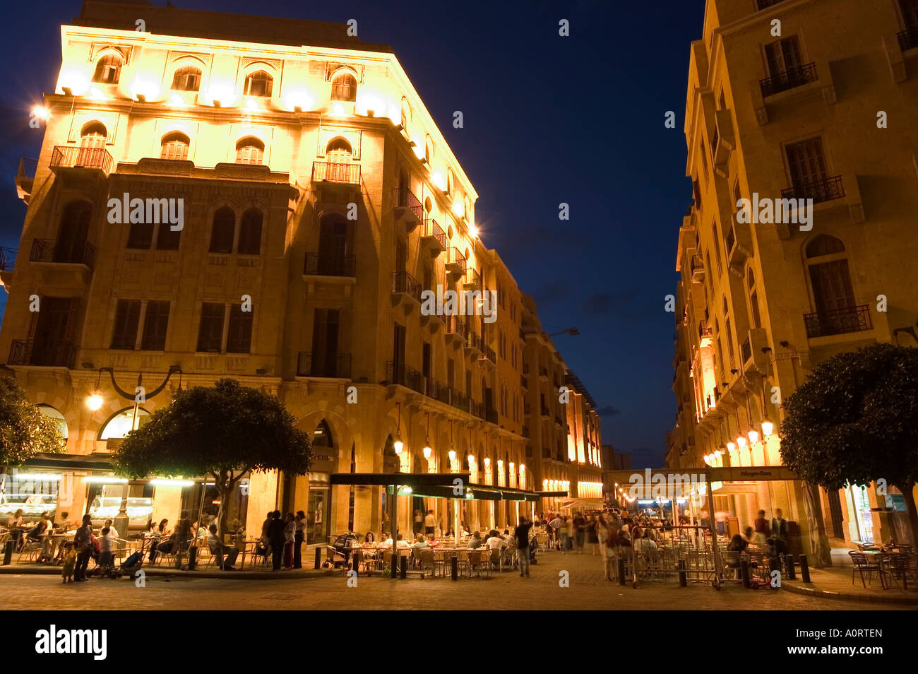 Street side cafe area Place d Etoile Nejmeh Square at night downtown ...
