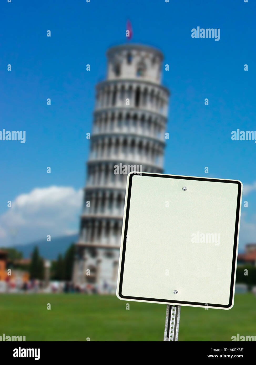 Blank sign leaning to one side with Leaning Tower of Pisa leaning to ...