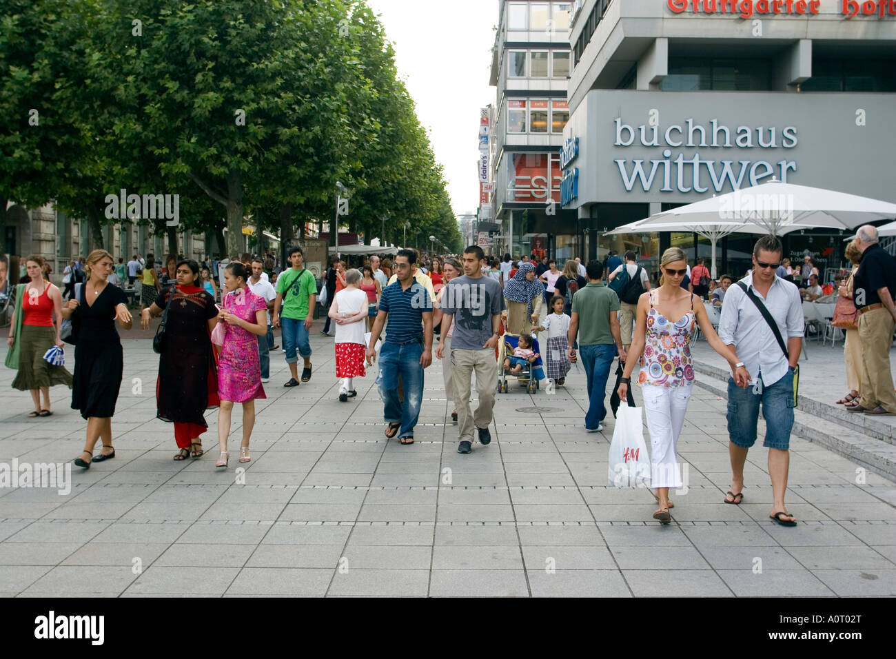 People walking on Konigstrasse King Street pedestrianised shopping street Stuttgart Baden ...