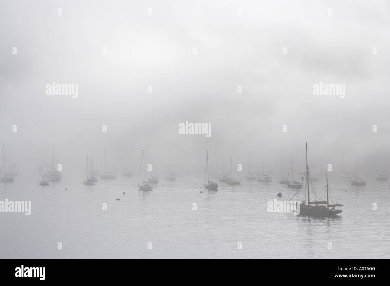 Misty morning on Fowey harbor looking towards Polruan, Cornwall ...